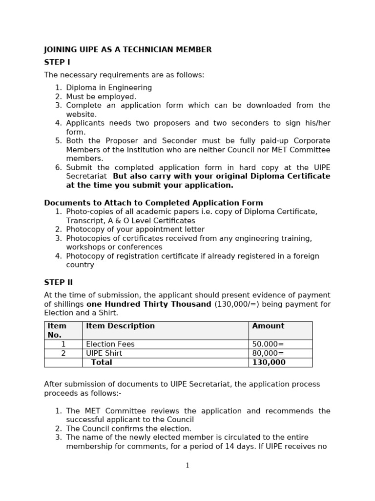 Guidelines For Joining Uipe As A Technician Member Revised Sept 2023 | PDF