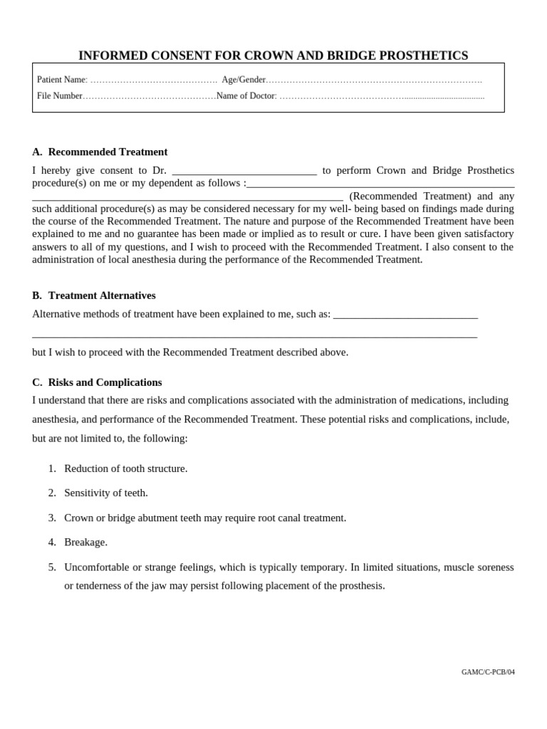 Informed Consent For Crown and Bridges Prosthodontics | PDF