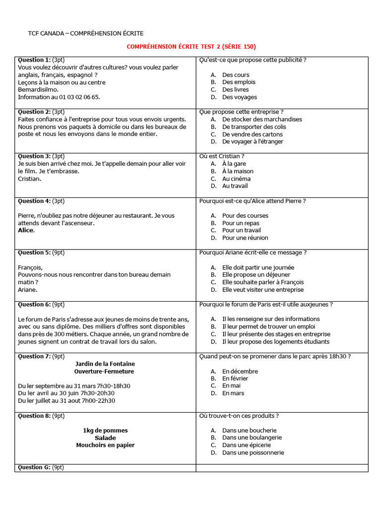 Test 2 CE TCF Canada | PDF