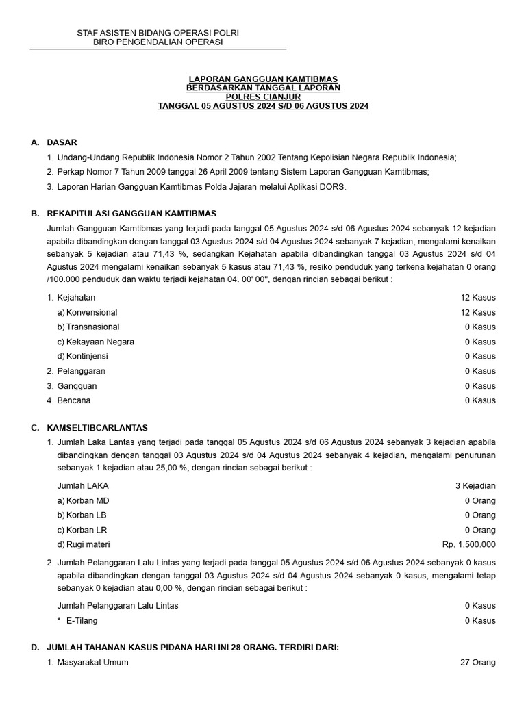 Laporan Jurnal GKTM 5 SD 6 Ags 2024 Polres Cianjur | PDF
