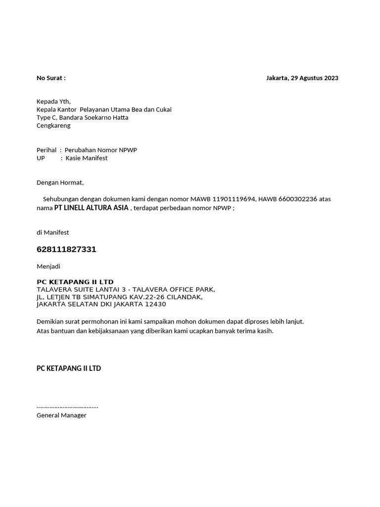 Permohonan Perubahan NPWP PT Linell | PDF
