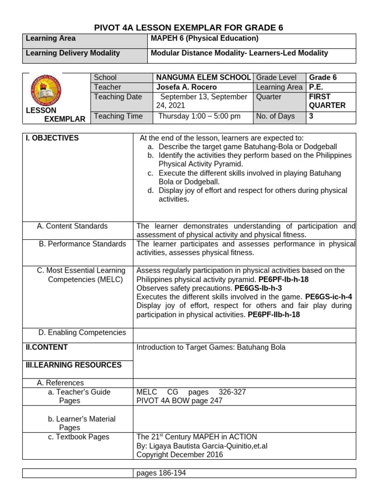 PE 6 Lesson Exemplar Lesson 1 Word | PDF