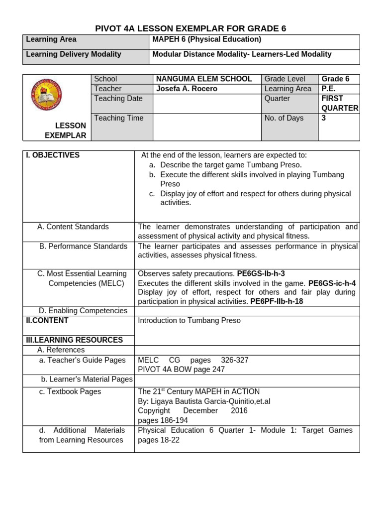 PE 6 Lesson Exemplar Lesson 3 Word | PDF