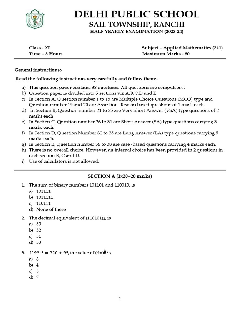 Class Xi Half Yearly 2023-24 | PDF