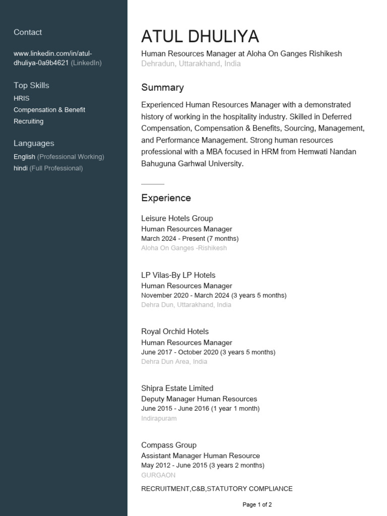 Atul Dhuliya HR Manager ALOHA On Ganges RESORT Rishikesh | PDF