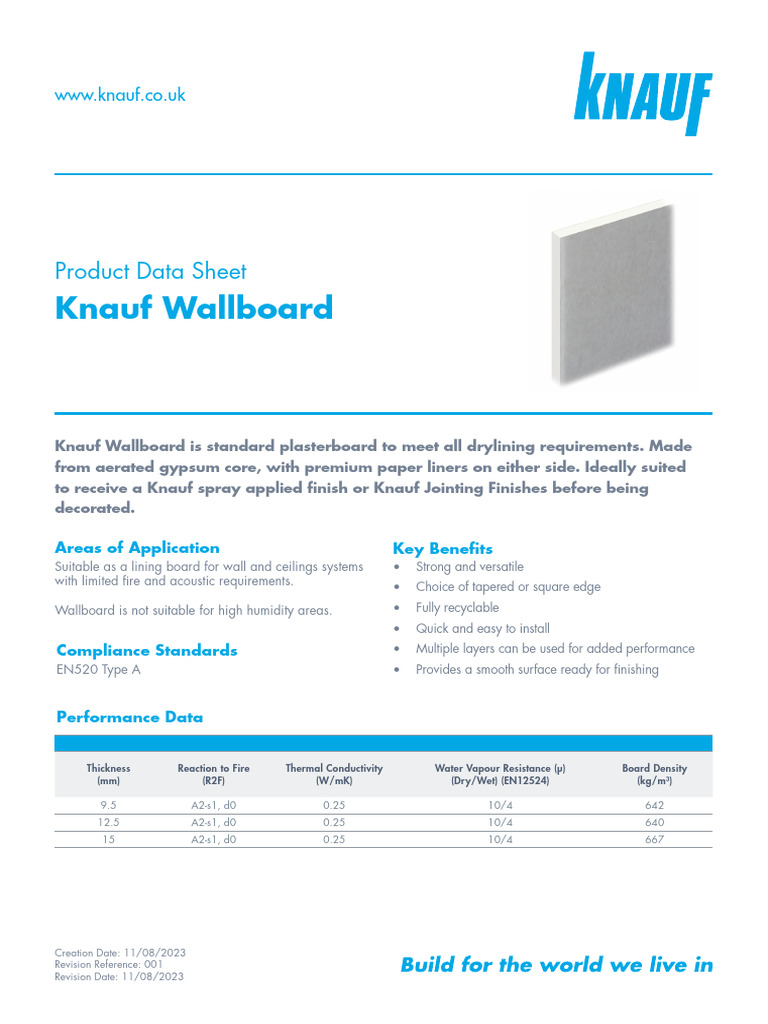 Knauf Wallboard Product Data Sheet | PDF | Drywall | Technology ...