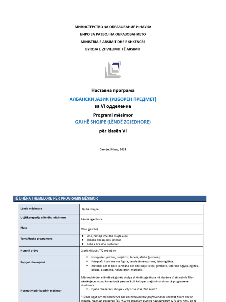 NP Albanski Jazik Izboren Predmet 6 Odd | PDF