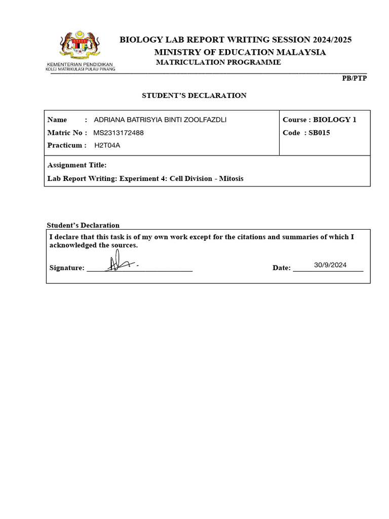 Borang - PTP Lab Report Writing Sem 1-24-25 | PDF