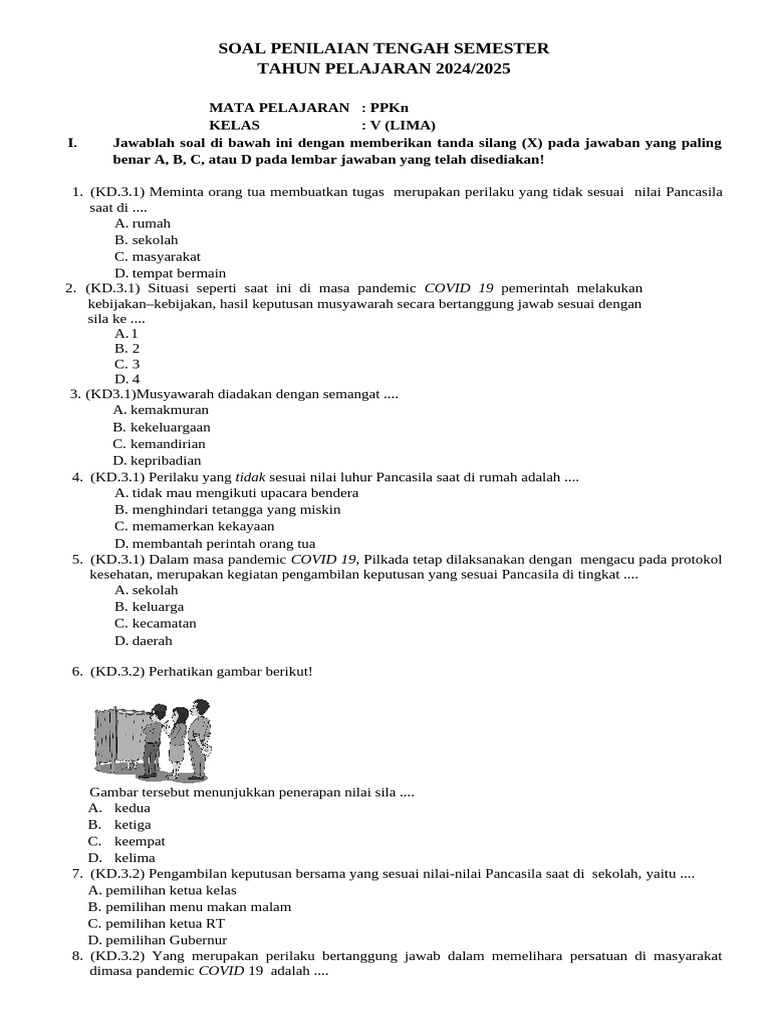 Soal PTS 1 PPKN Kelas 5 | PDF