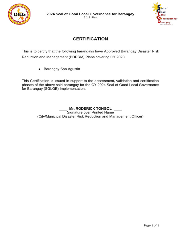 2.1.2 Certification From LDRRMO | PDF