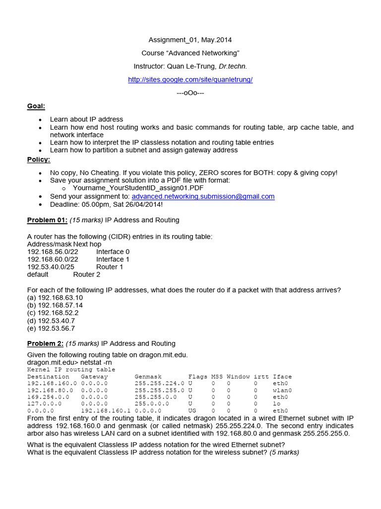 Assignment - 01 - Ip Address and End Host Routing May2014 | PDF