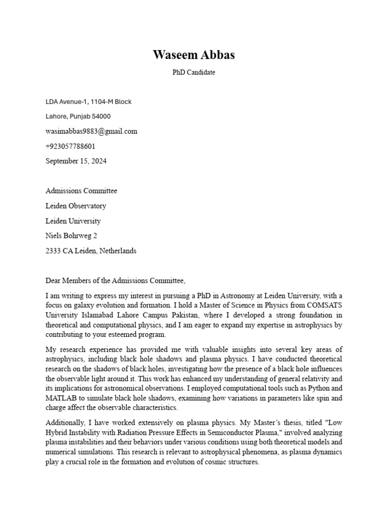 Cover Letter | PDF | Astrophysics | Physics