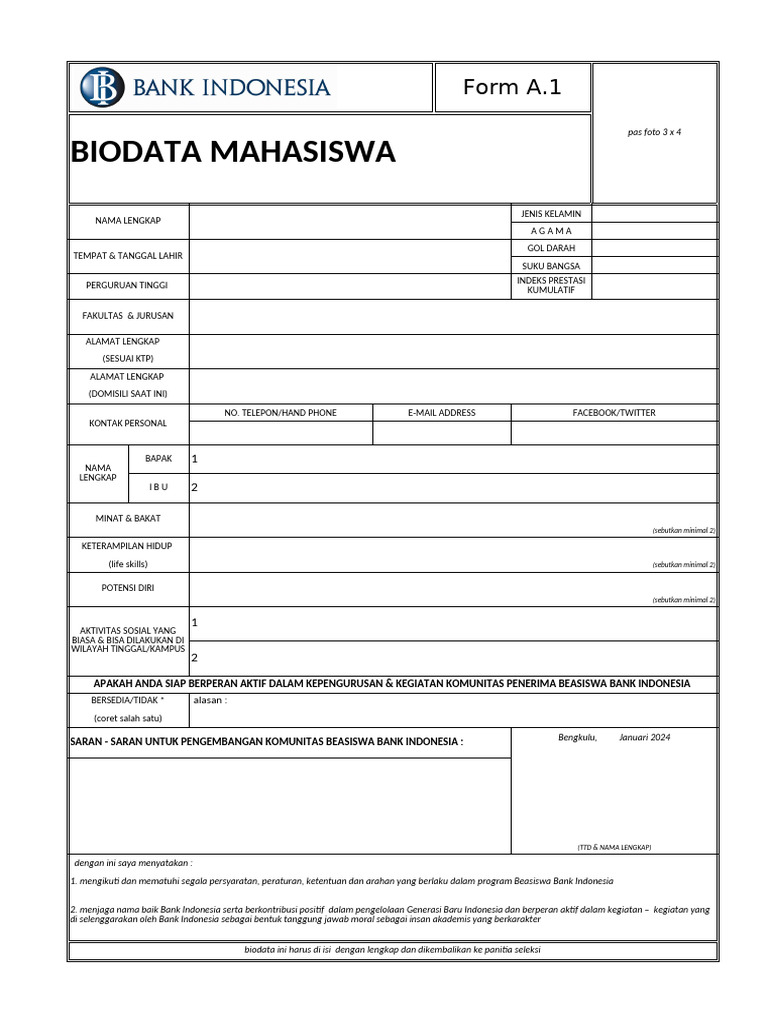 Form A1 Mahasiswa 2024 | PDF