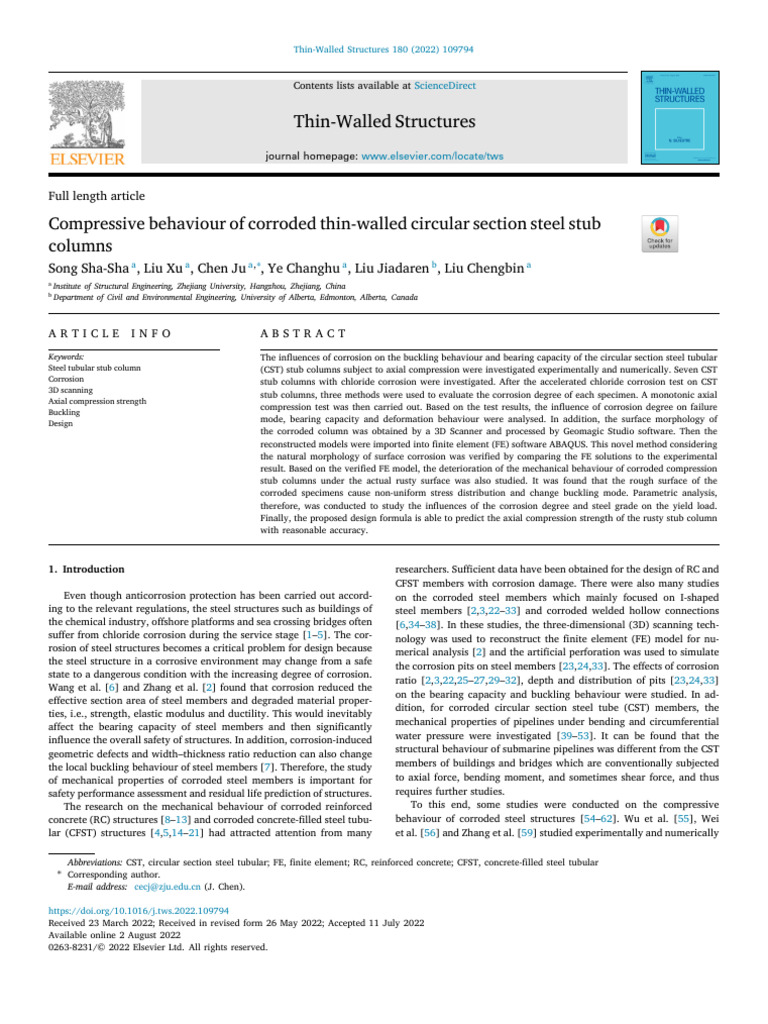 Compressive Behaviour Of Corroded Thin Walled Circular Section Steel Stub Columns Pdf
