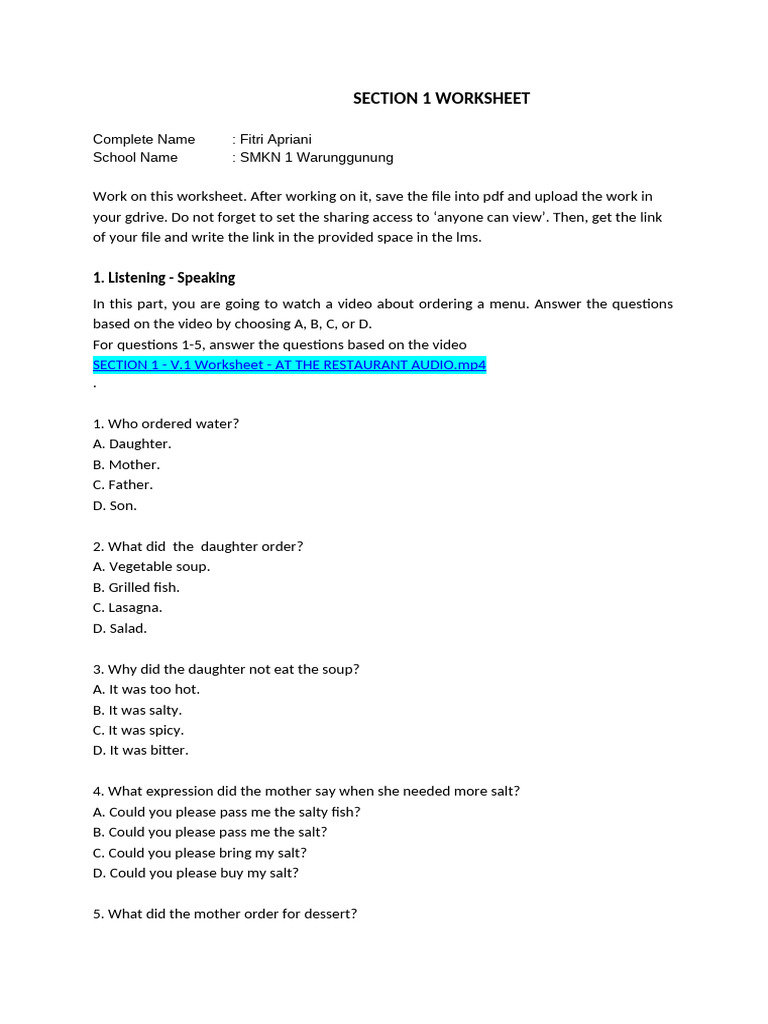 SECTION 1 Worksheet | PDF
