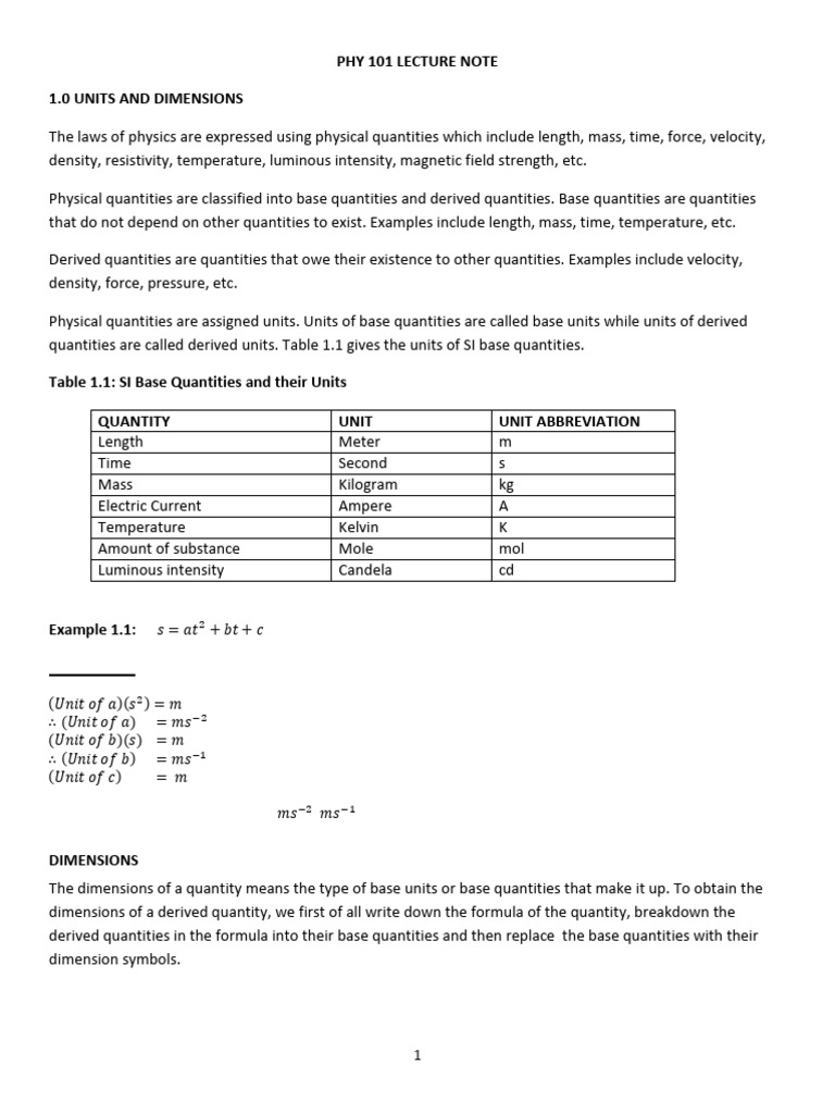 Phy 101 Lecture Note WK 1 To 6 | PDF
