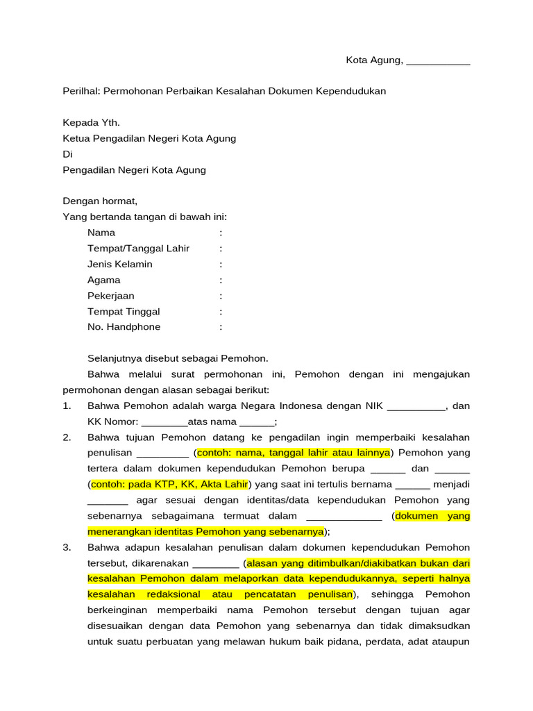 Contoh Surat Permohonan Perbaikan Nama | PDF