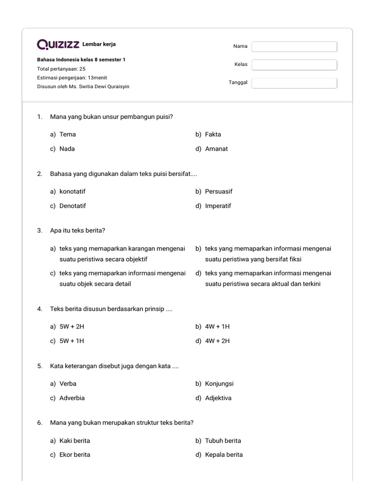 Bahasa Indonesia Kelas 8 Semester 1 - Quizizz | PDF