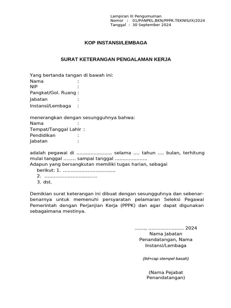 Lampiran III Format Surat Keterangan Kerja PPPK TEKNIS BKN TA 2024 | PDF
