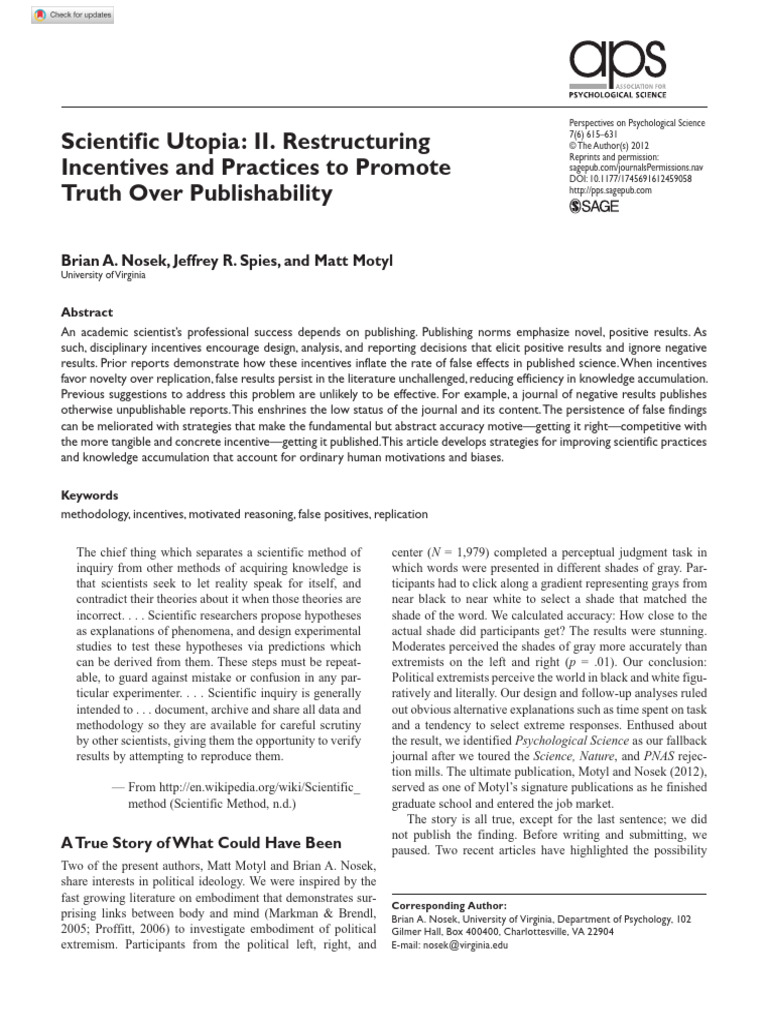 Nosek Et Al 2012 Scientific Utopia II Restructuring Incentives and Practices To Promote Truth ...