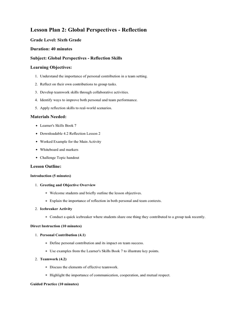 Lesson Plan 2 - Global Perspectives - Reflection | PDF | Learning ...