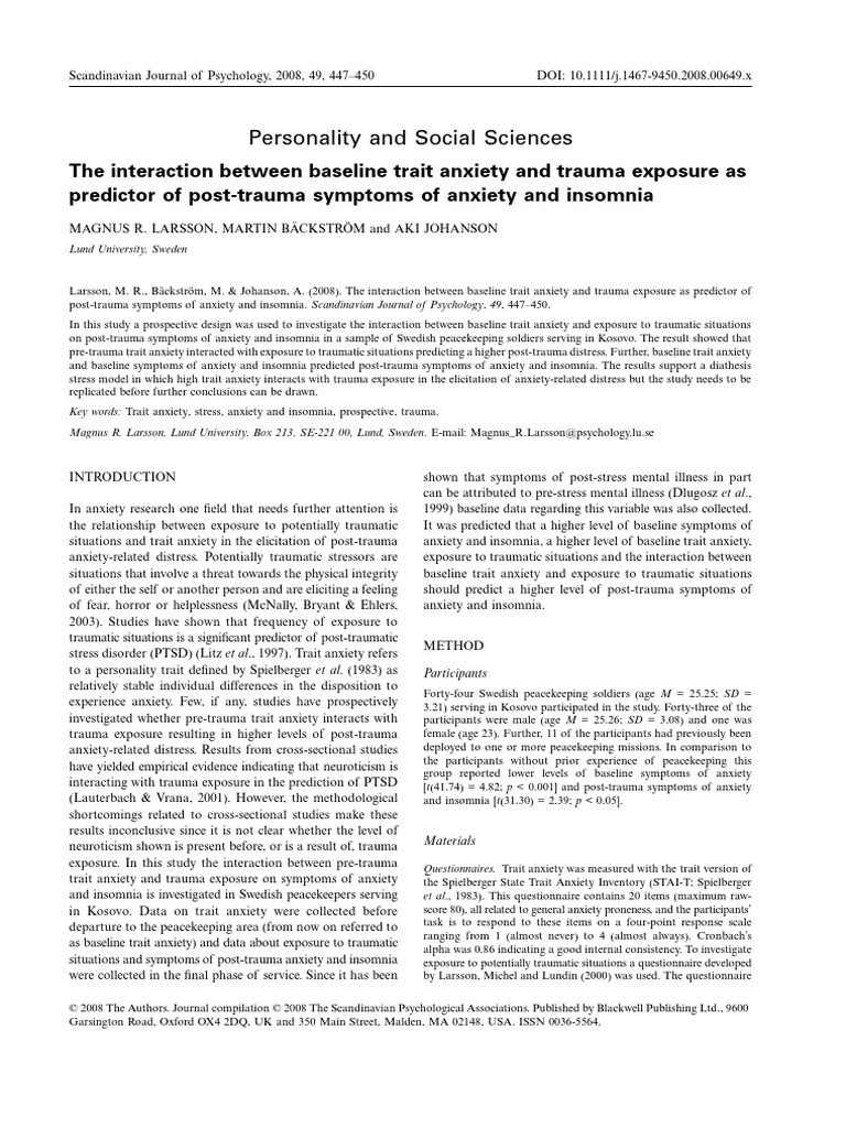 Scandinavian J Psychology - 2008 - LARSSON - The Interaction Between Baseline Trait Anxiety and ...