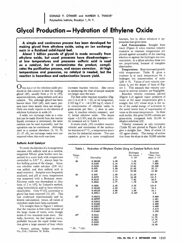Othmer Thakar 2002 Glycol Production Hydration of Ethylene Oxide | PDF