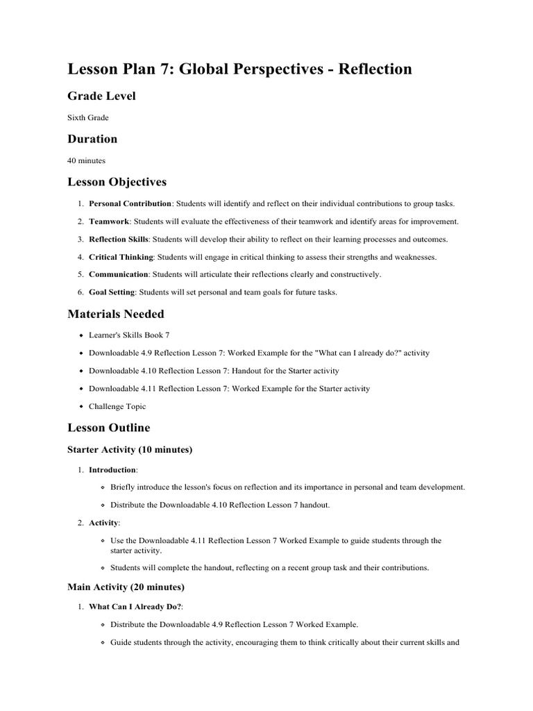 Lesson Plan 7 - Global Perspectives - Reflection | PDF