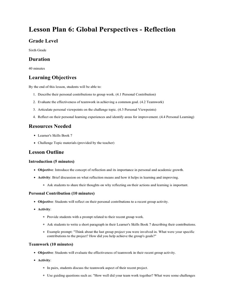Lesson Plan 6 - Global Perspectives - Reflection | PDF | Learning ...