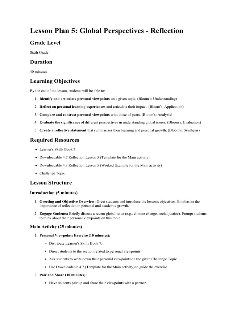 Lesson Plan 5 - Global Perspectives - Reflection | PDF