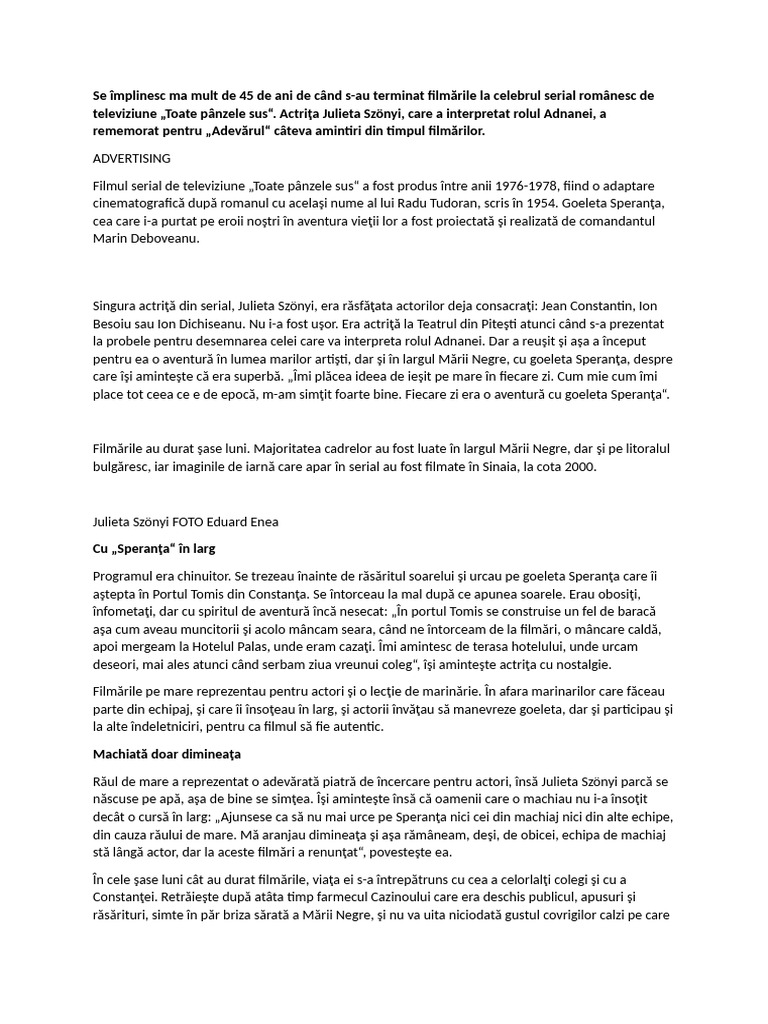 Filmările La Celebrul Serial Românesc de Televiziune Toate Pânzele Sus ...