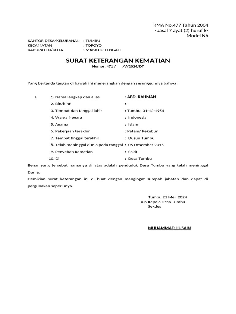 Srat Keterangan Kematian | PDF