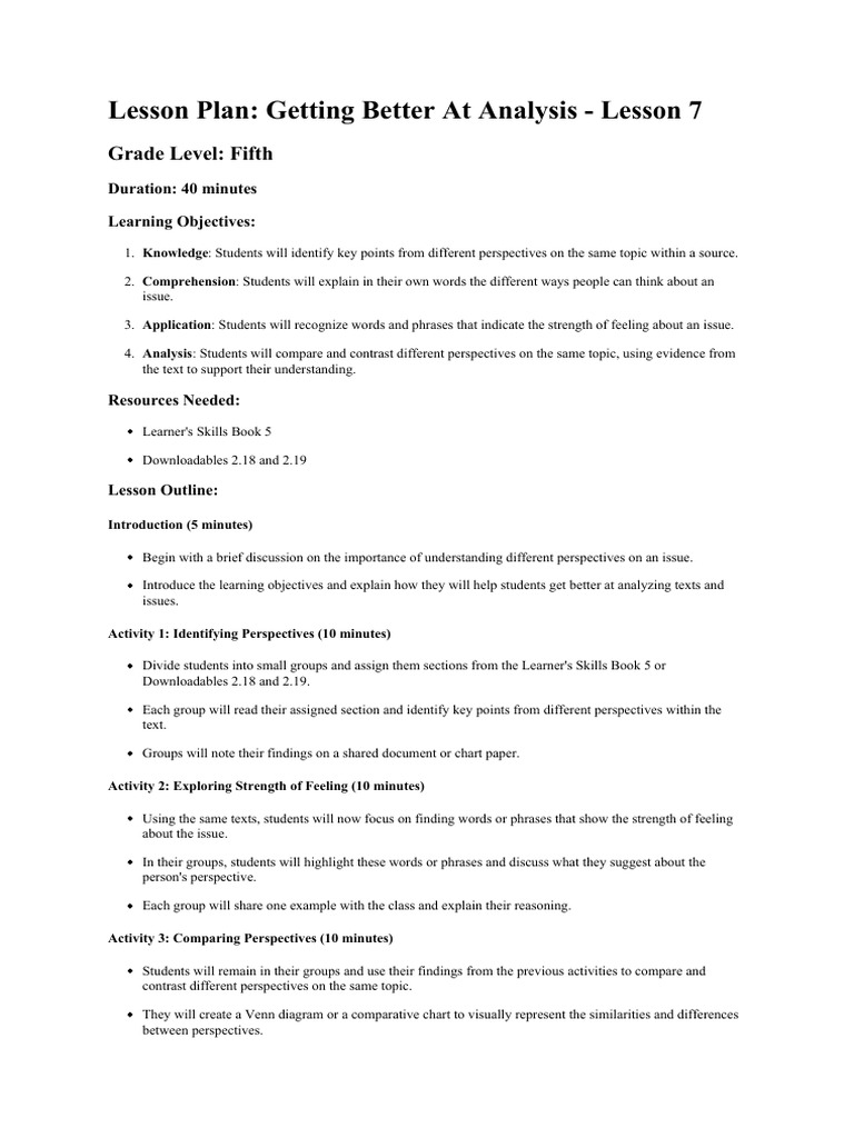 Getting Better at Analysis - Lesson 7 Stage 5 | PDF | Learning | Career ...