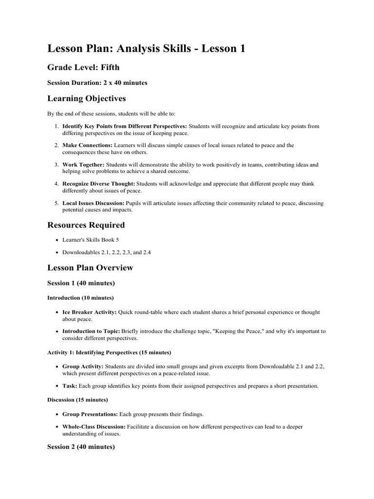 Lesson Plan - Analysis Skills - Lesson 1 Stage 5 | PDF | Lesson Plan ...