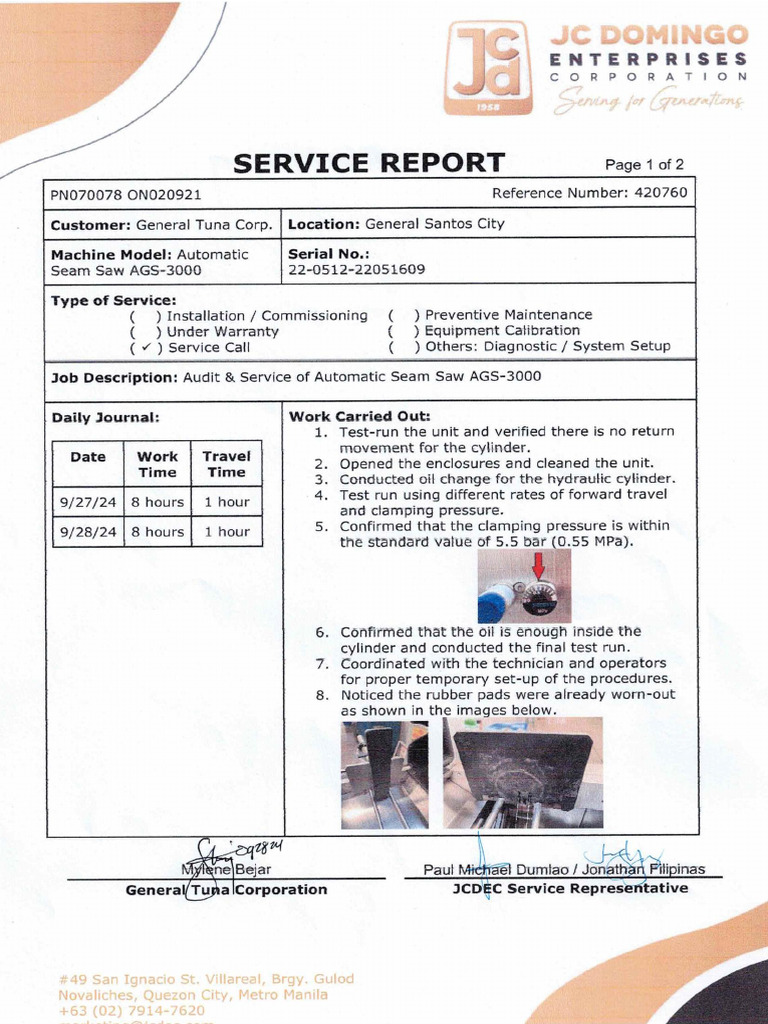 ON020921 PN070078 JCDEC CentPacific Signed Service Report For Audit ...