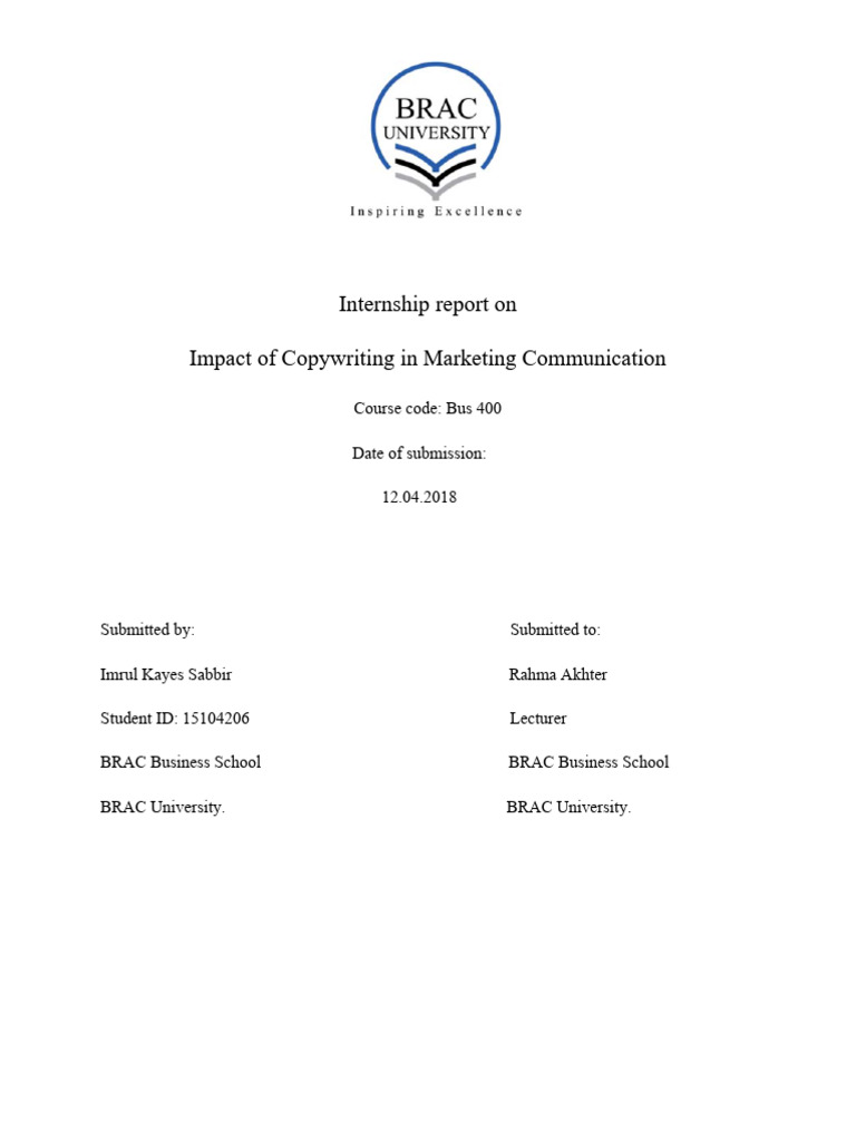 Internship Report On Impact of Copywriting in Marketing Communication | PDF