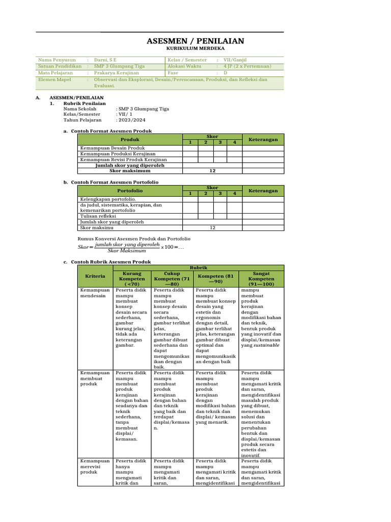 ASESMEN Kls 1 Kumer Ganjil | PDF