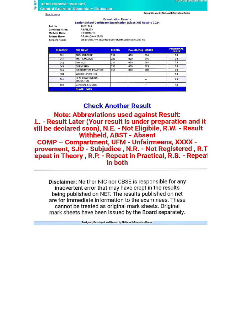 Ranjith 12 Mark Sheet | PDF
