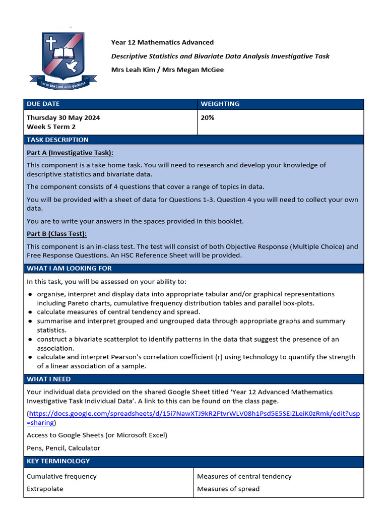 Descriptive Statistics and Bivariate Data Analysis Assessment Task and Notification | PDF