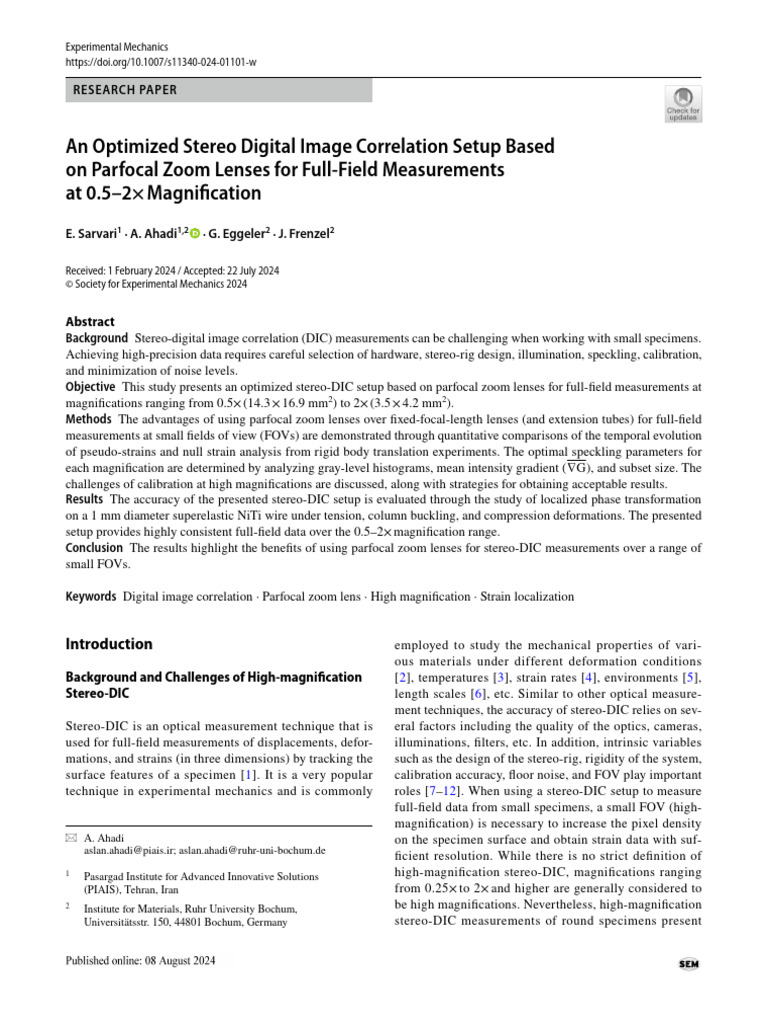 An Optimized Stereo Digital Image Correlation Setup Based On Parfocal ...