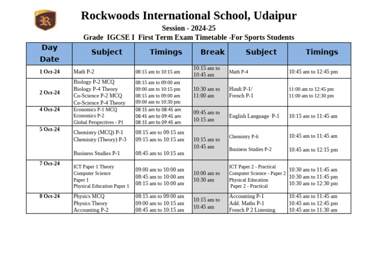 Term 1 Time Table Grade IGCSE I | PDF