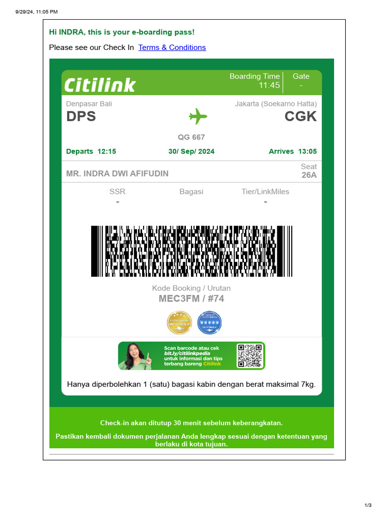 Boarding Citilingk DPS - CGK | PDF