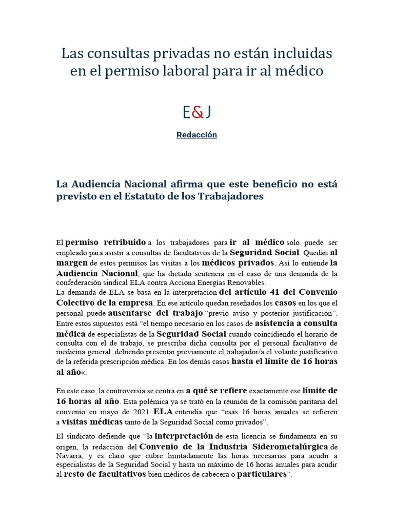 Las Consultas Privadas No Están Incluidas en El Permiso Laboral para Ir Al Médico | PDF
