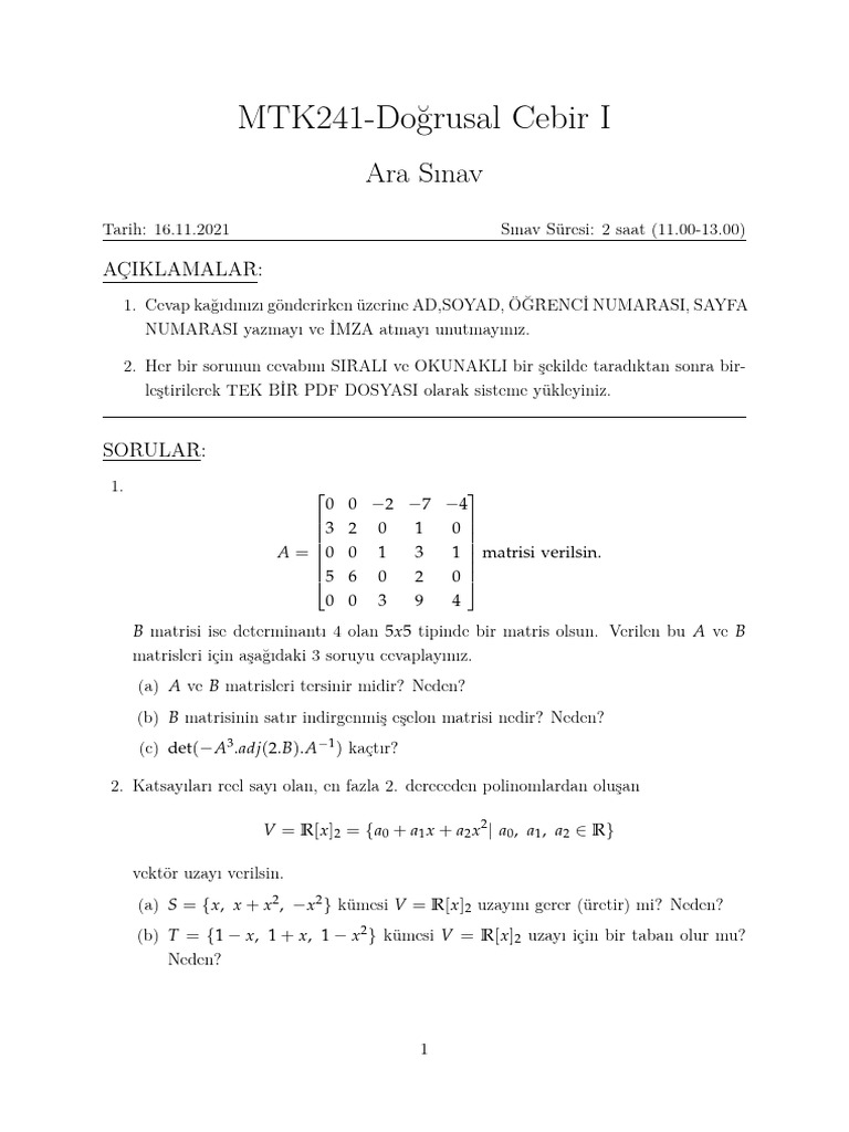 MTK241-Lineer Cebir1-Arasınav | PDF