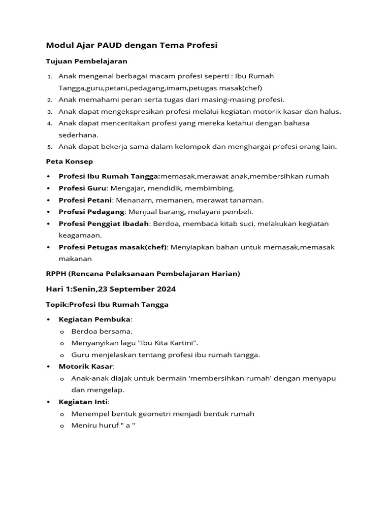 Modul Ajar PAUD Dengan Tema Profesi - 20240921 - 084531 - 0000 | PDF