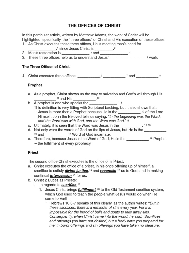 Offices 0f Christ - Part 1 - Handout | PDF | Jesus | Resurrection Of Jesus