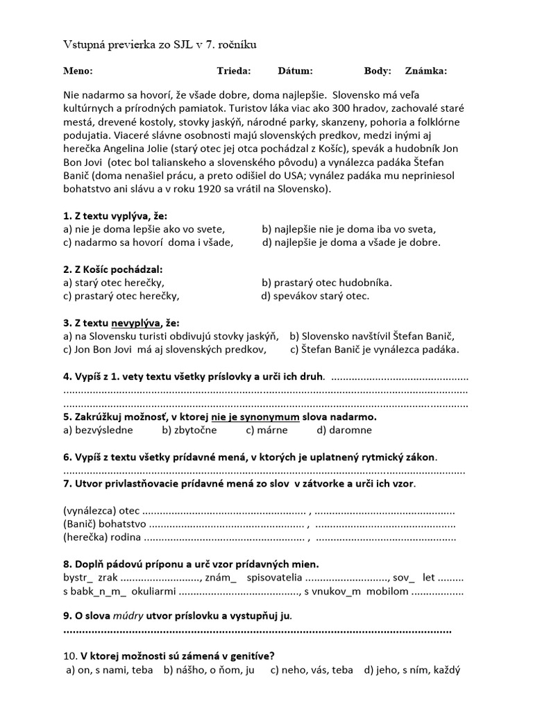 Vstupna Previerka Zo SJL V 7. Roc | PDF