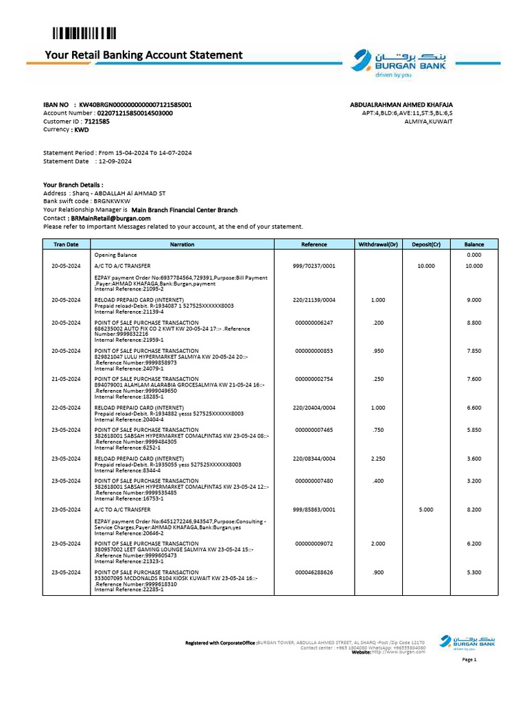 Your Retail Banking Account Statement: Registered With Corporateoffice ...