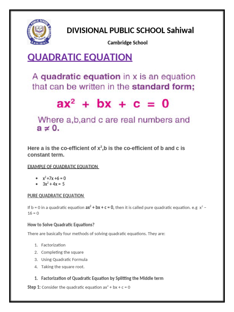 QUADRATIC EQUATION Anf Factorization | PDF