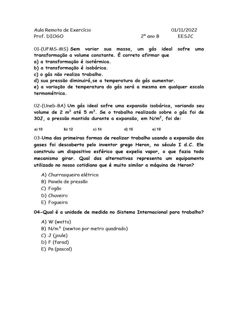 Aula Remota de Exercício 01 | PDF | Ciências e Matemática